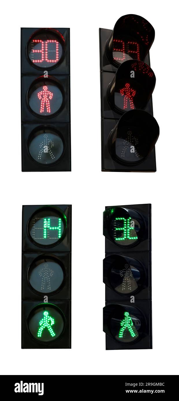 Traffic signals with timer and pedestrian signal on white background ...