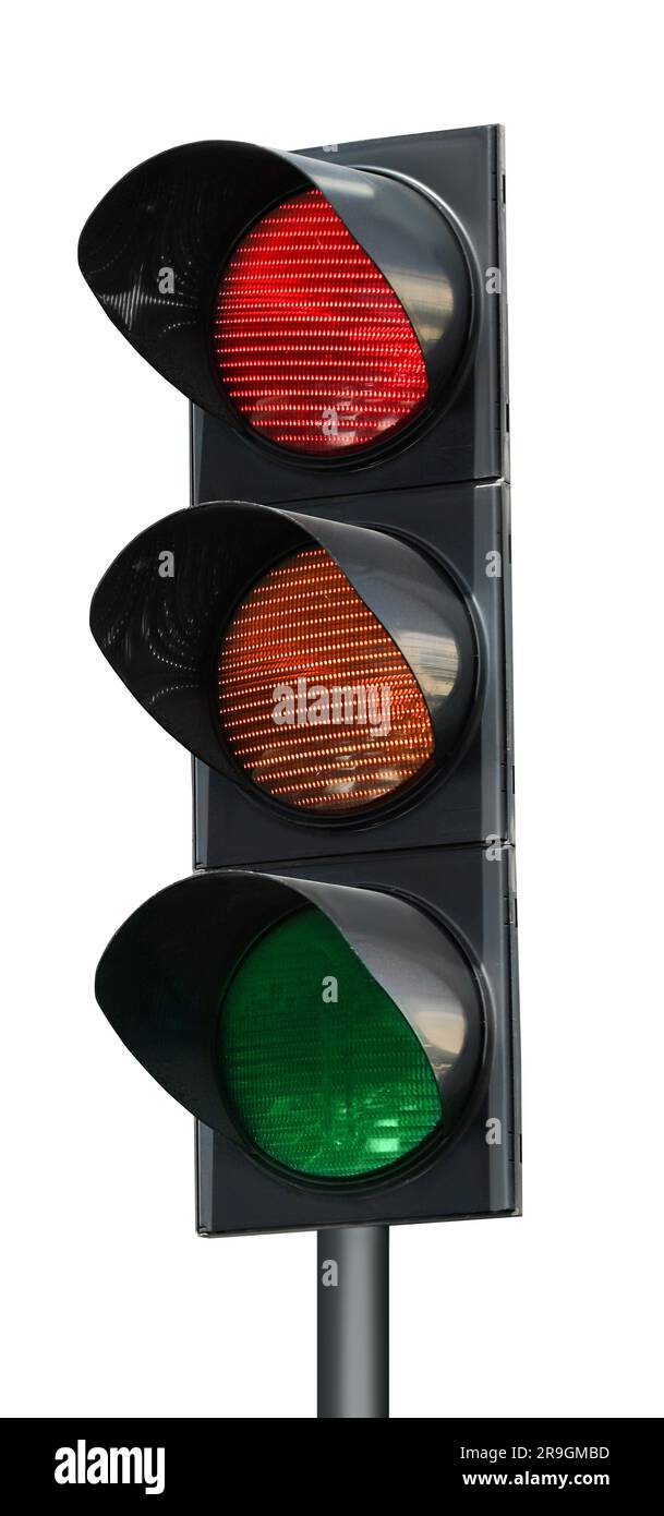 Traffic signal with three lights isolated on white Stock Photo - Alamy