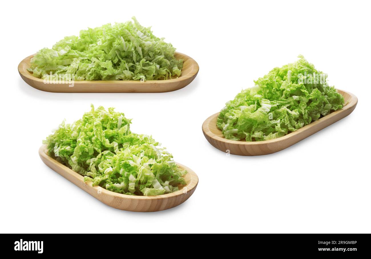 Collage with shredded fresh Chinese cabbage on white background Stock ...