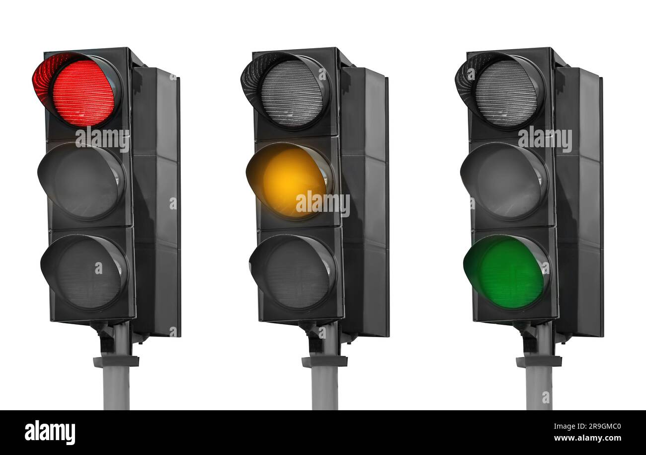 Collage of traffic signal with different glowing lights (red, orange ...