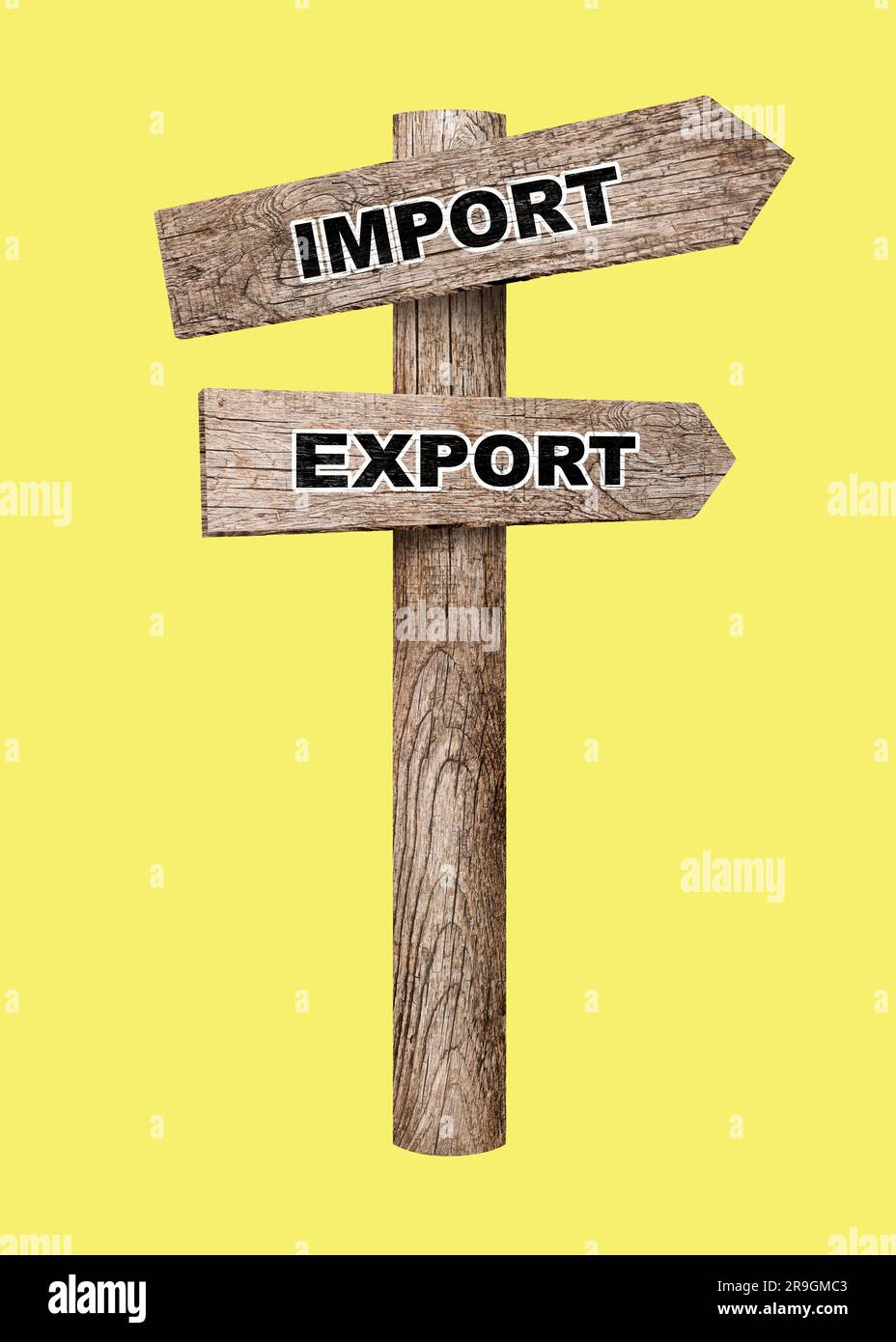 Import Export arrow shaped wooden road sign on yellow background Stock ...