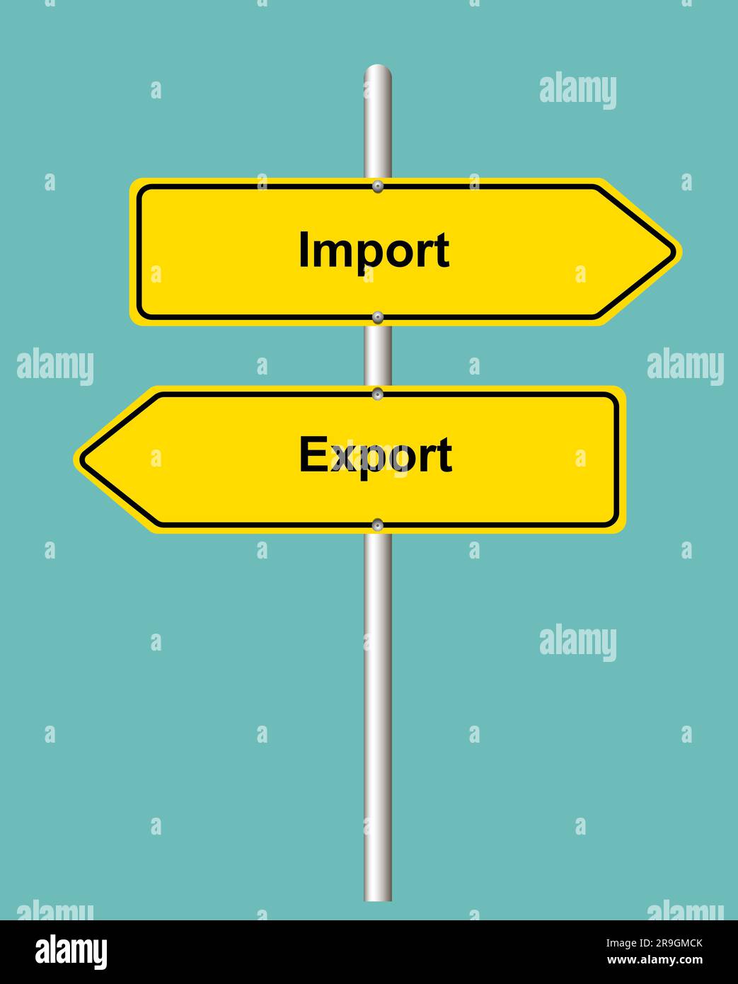 Import Export arrow shaped yellow road sign on turquoise background ...
