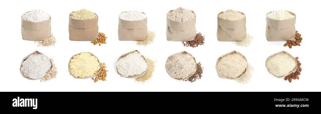 Different types of flour in paper bags on white background, top and ...