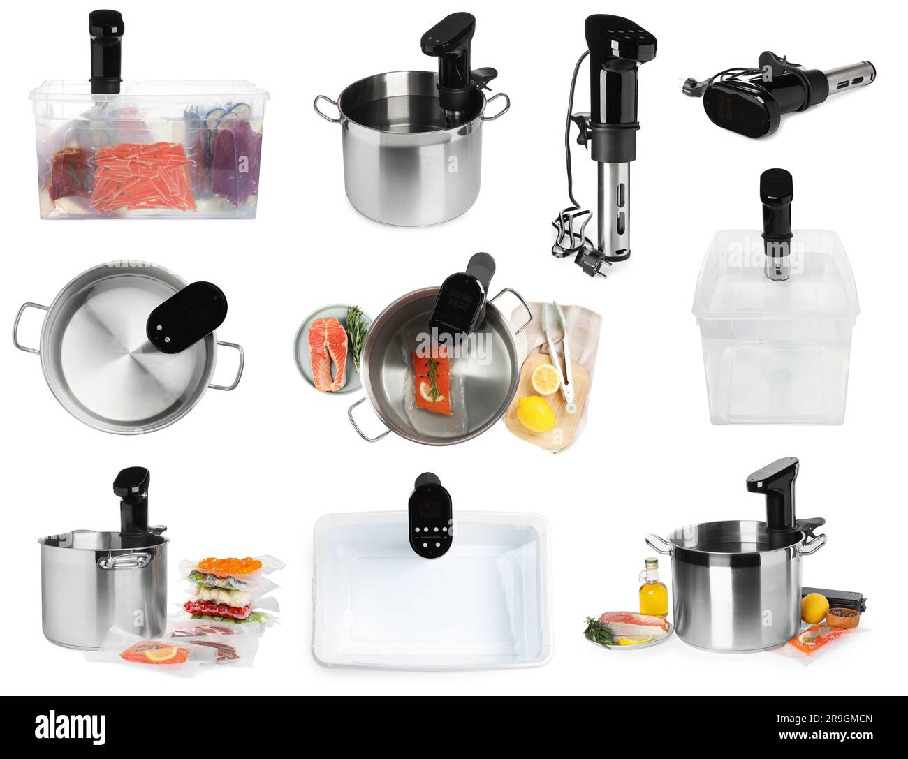 Collage with sous vide cookers, pots, container and vacuum packed ...