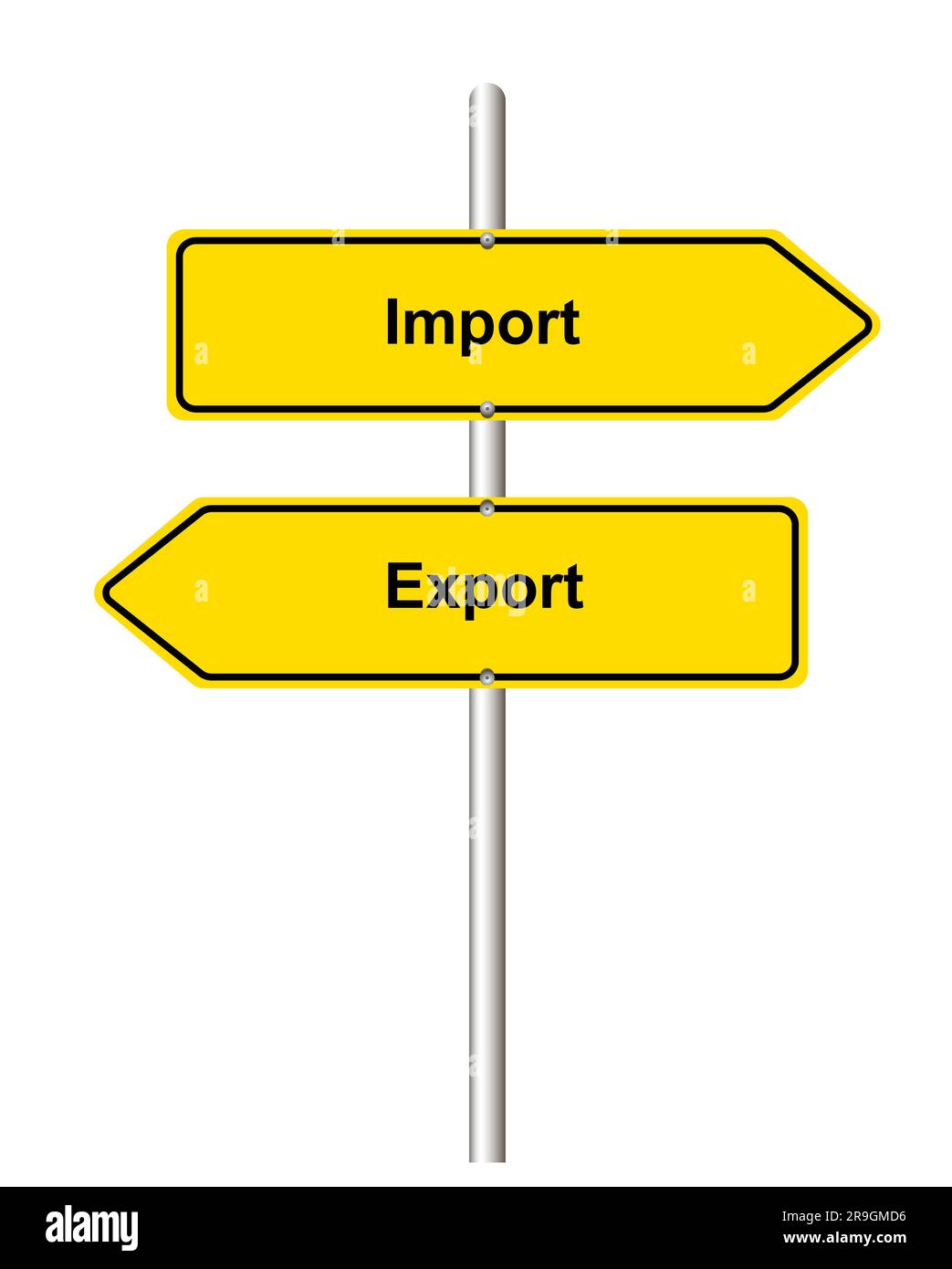 Import Export arrow shaped yellow road sign on white background Stock ...