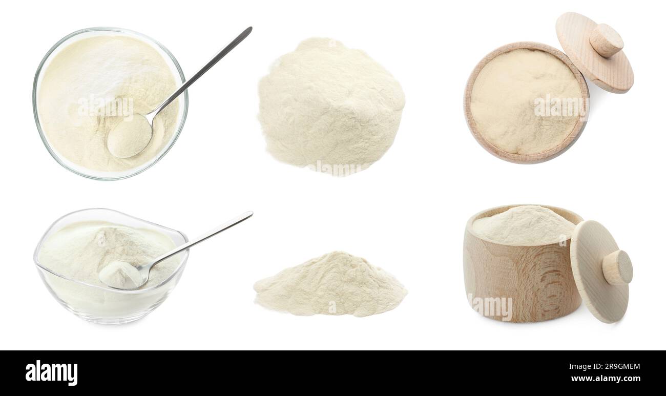 Set with agar-agar powder isolated on white, top and side views Stock ...