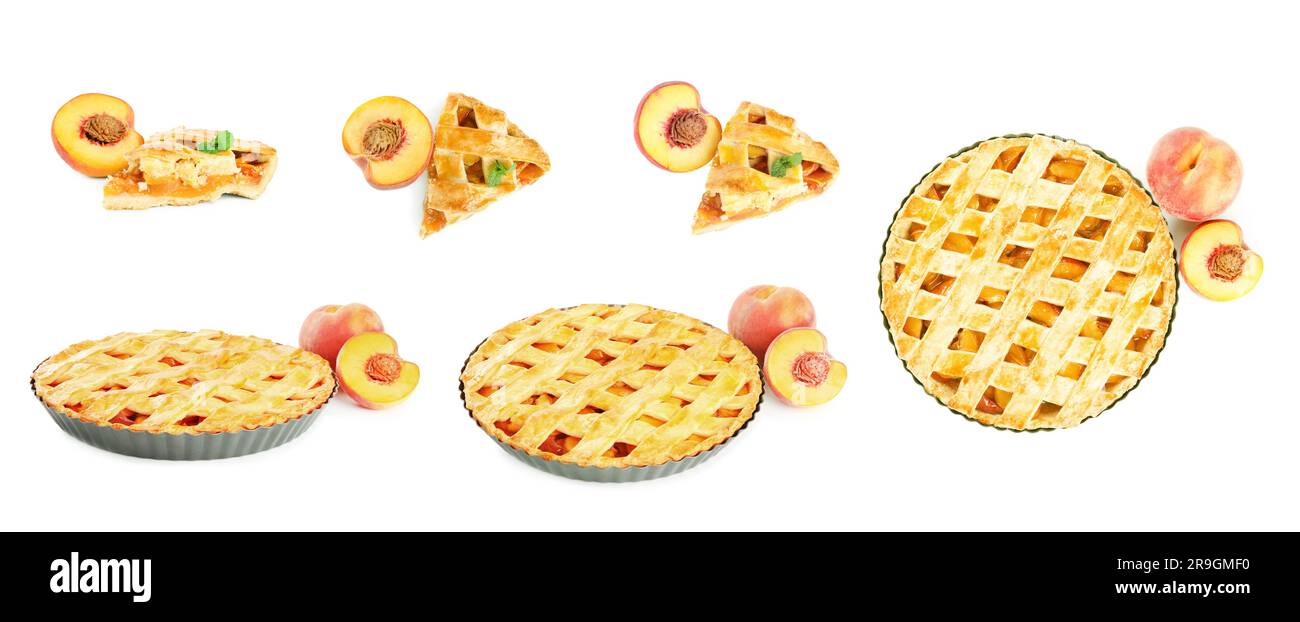 Collage with delicious peach pie on white background, different sides ...