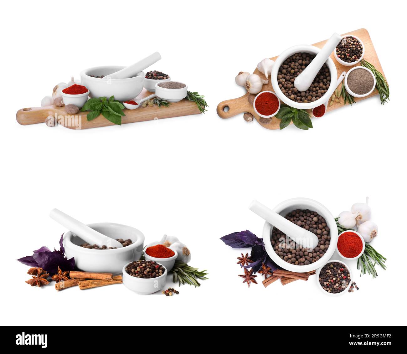 Mortars with spices and herbs on white background, top and side views ...