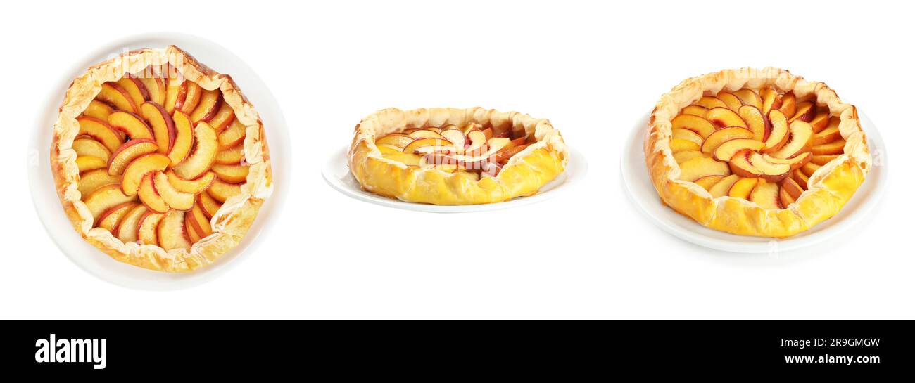 Collage with delicious peach pie on white background, different sides ...