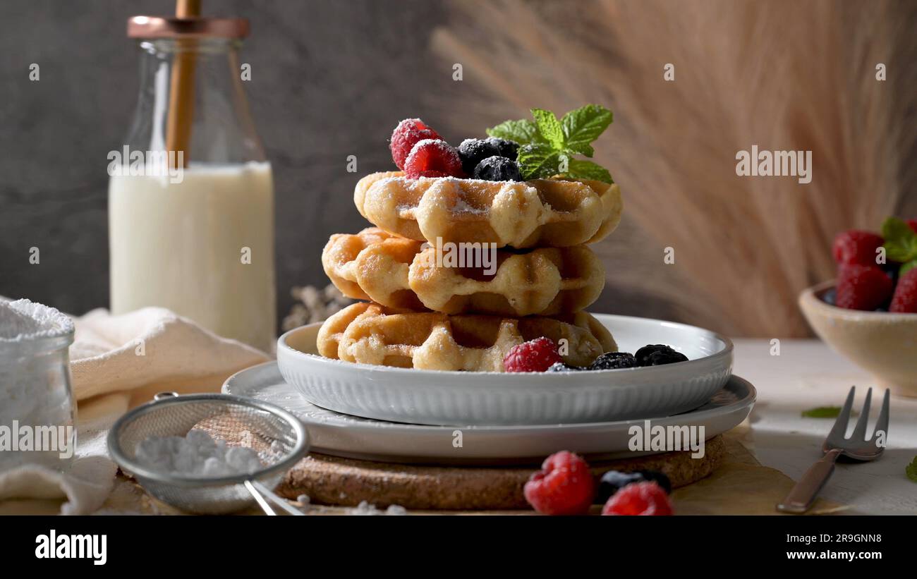Sweet Homemade Berry Belgian Waffle with Whipped Cream Stock Photo - Alamy