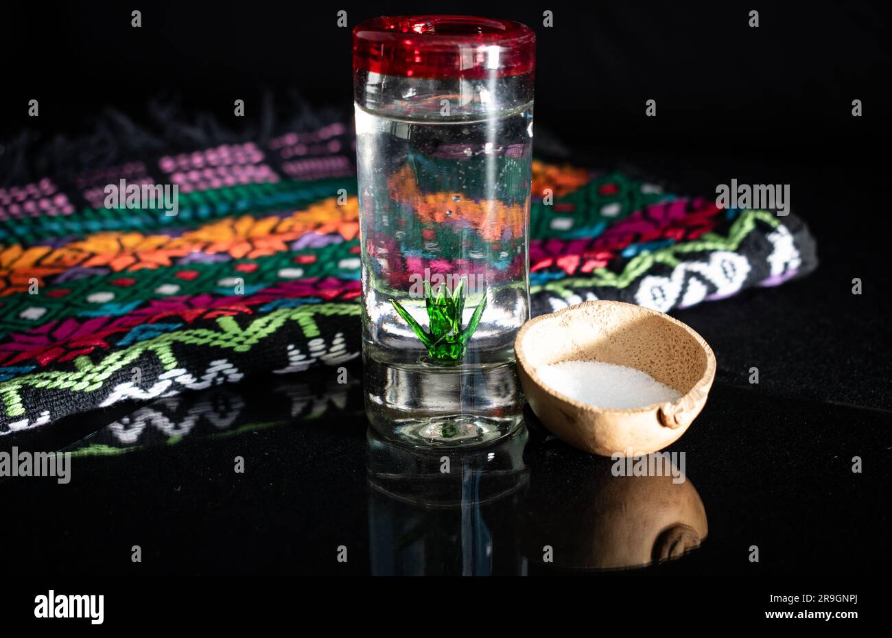 studio photograph of a tequila shot adorned with a maguey inside and ...