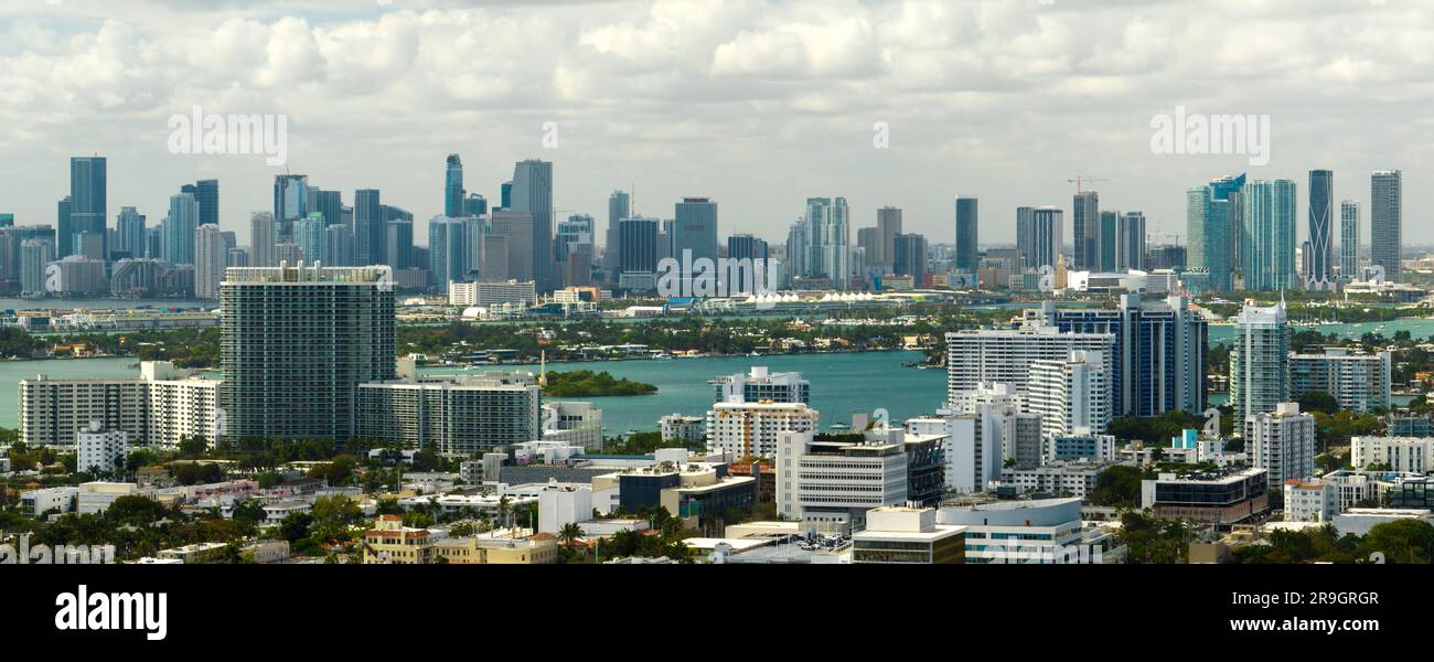 View from above of concrete and glass skyscraper buildings in downtown ...