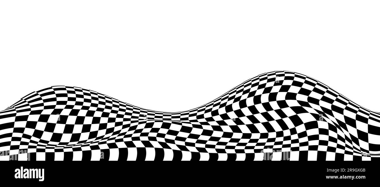 Wavy checkered background. black and white curved warped chessboard floor pattern. Trippy ...