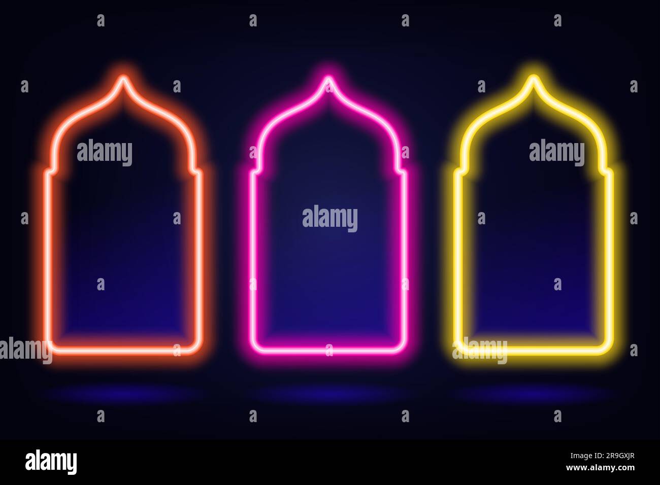 Ramadan islamic frame. Vector neon arch shape on dark background ...