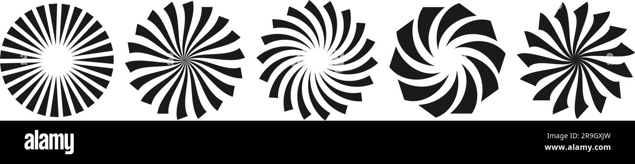 Simple curl sunburst circles collection. Black and white radial twisted ...