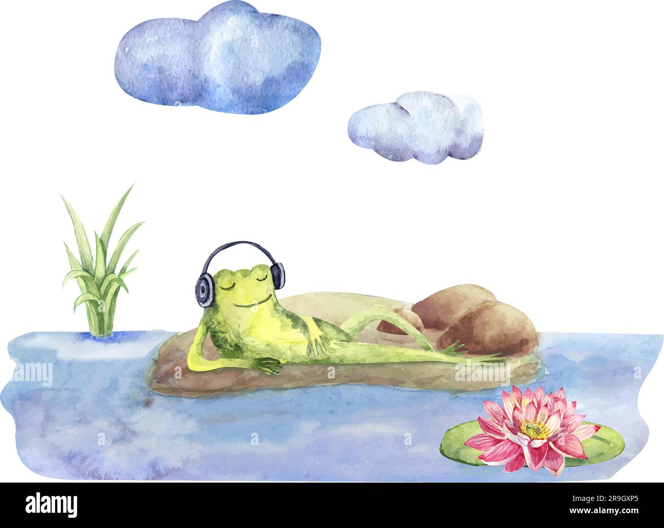 Funny frog is lying on the lawn with headphones on. Watercolor ...
