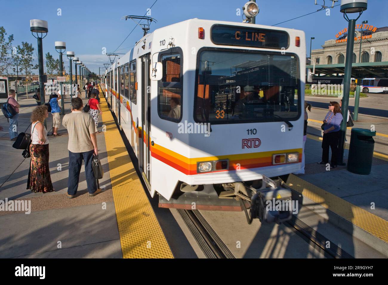 Light Rail train arrives station Denver CO Stock Photo - Alamy