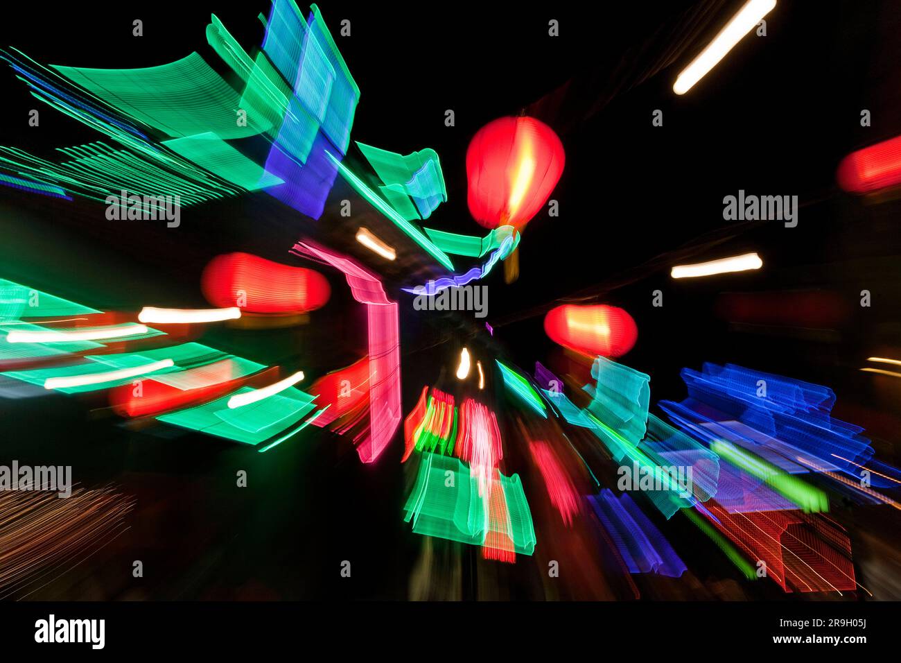 Zoom blur of neon signs at Chinese New Year in Los Angeles Stock Photo ...