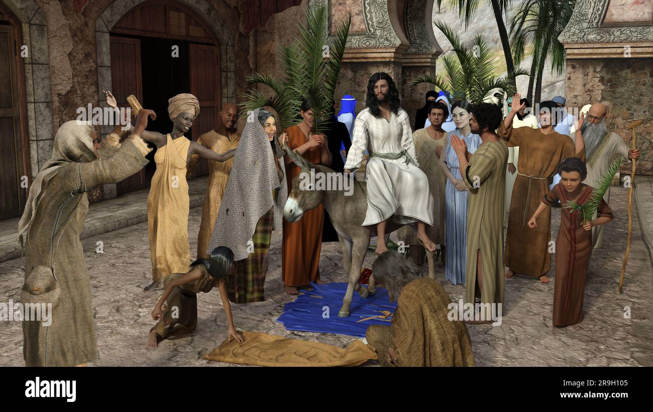 A 3D rendered illustration of Jesus Christ riding a donkey into the ...