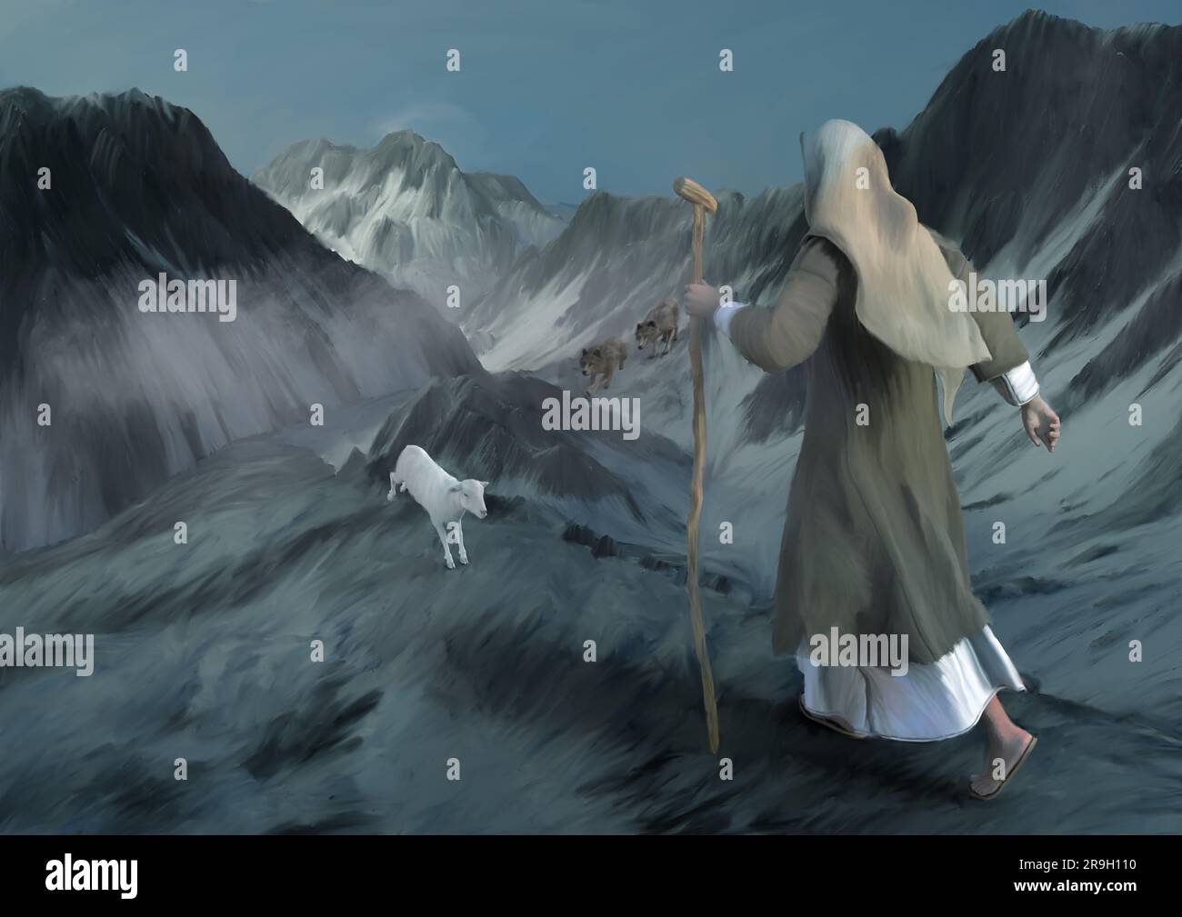 A 3D render of a man standing in a mountainous landscape with a white ...