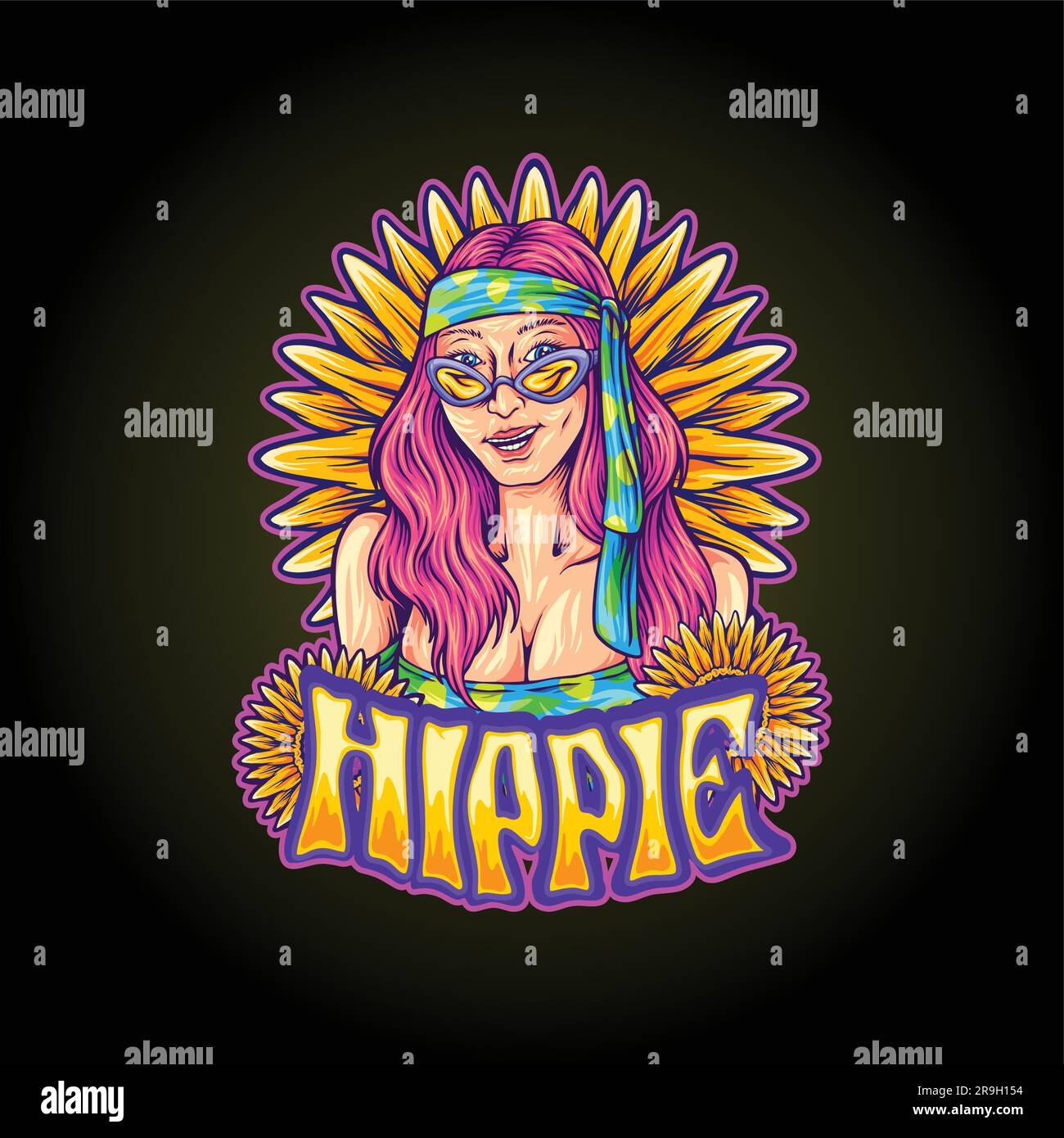 Happy girl hippy lifestyle flower children illustrations vector ...