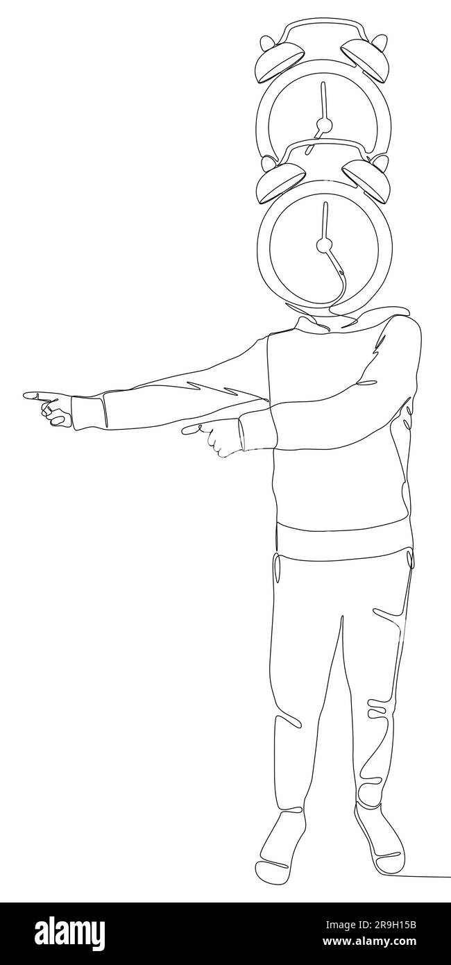 One continuous line of Man with pointing finger and alarm clock as head ...