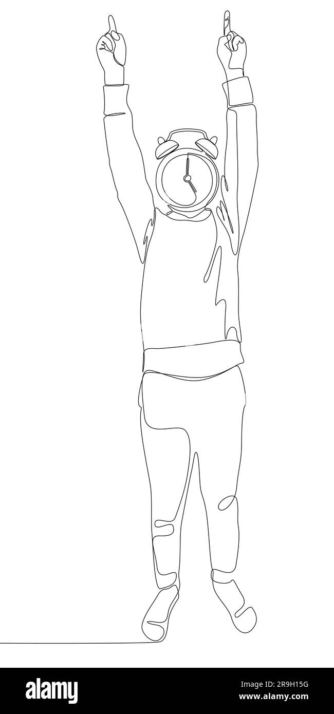 One continuous line of Man with pointing finger and alarm clock as head ...