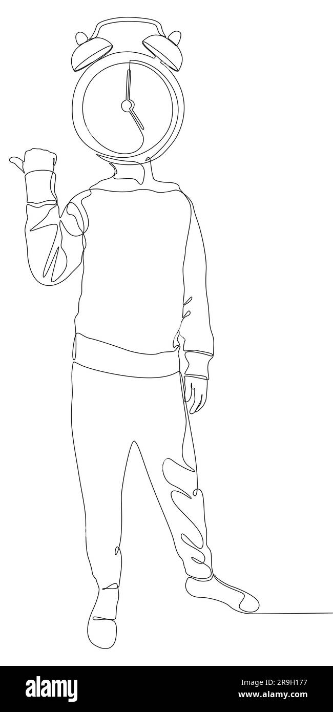One continuous line of Man with pointing finger and alarm clock as head ...