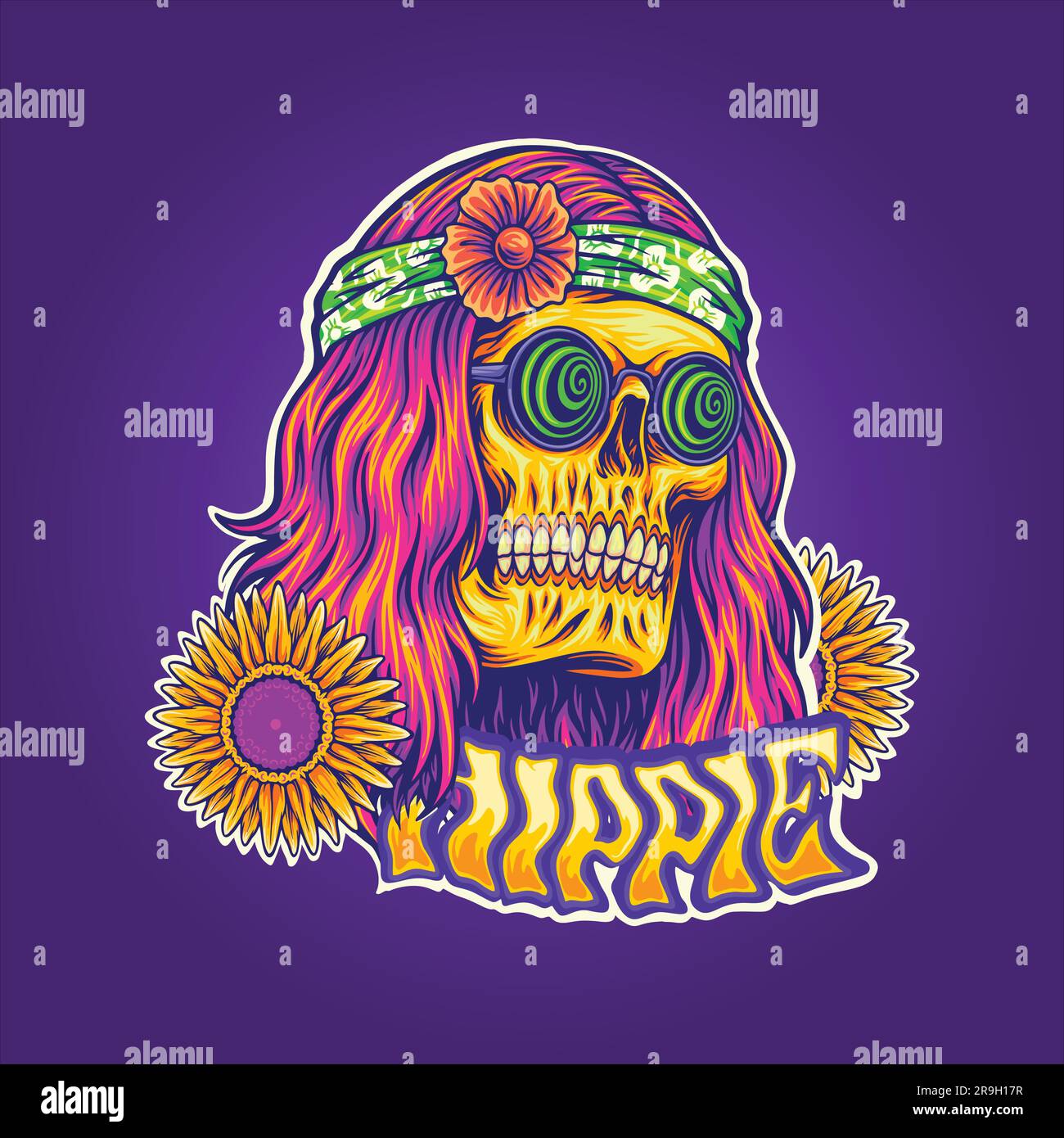 Psychedelic skull dress boho-chic hippie illustrations vector ...