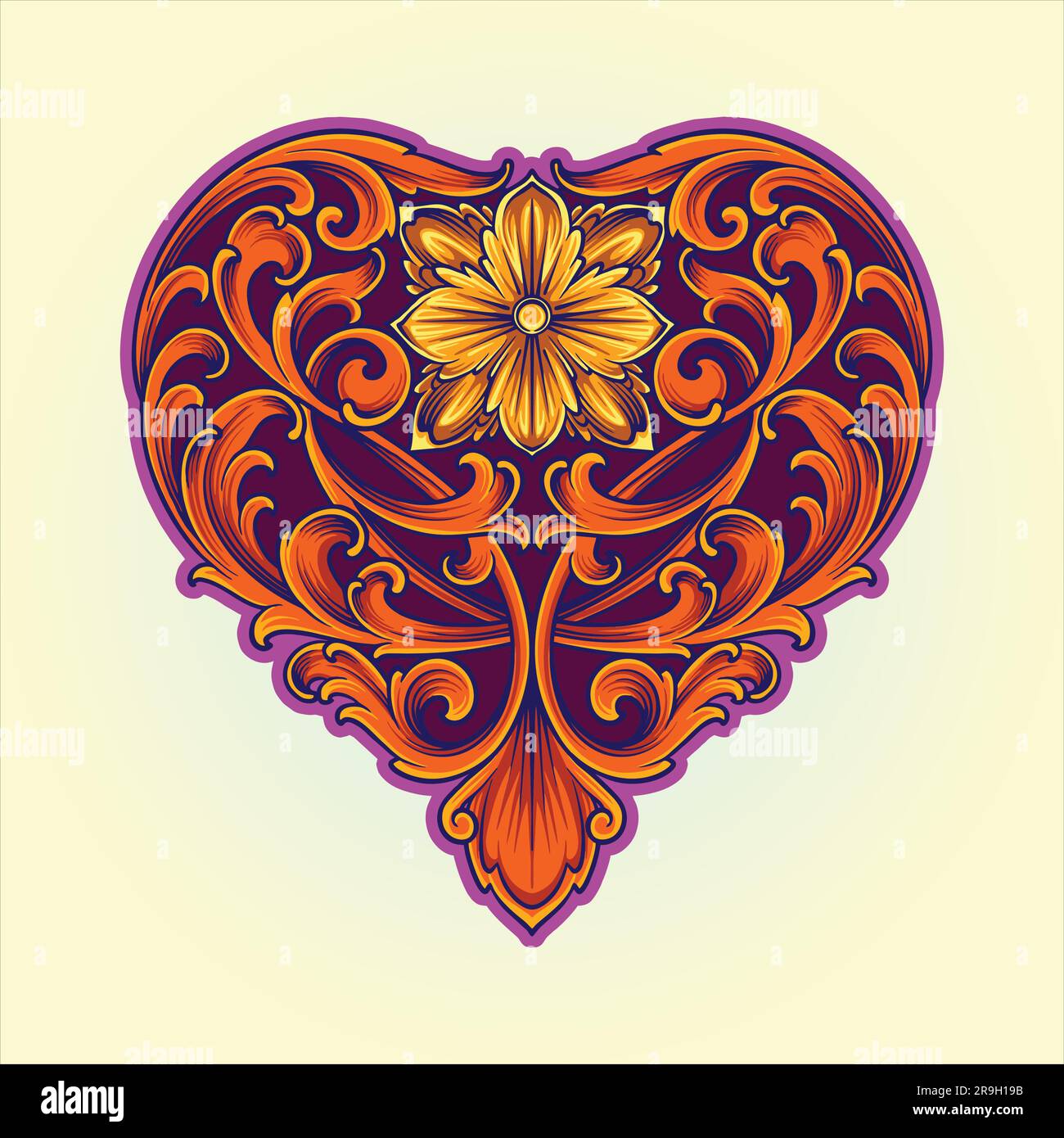 Intricate engraving petals ornament heart shape illustrations vector ...