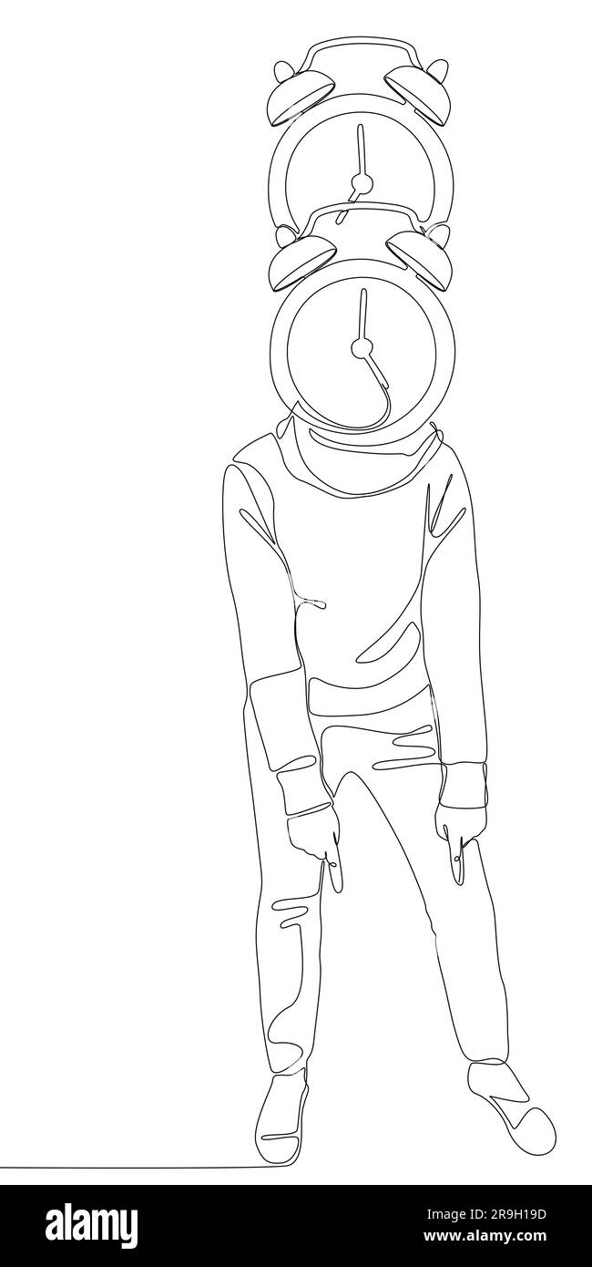 One continuous line of Man with pointing finger and alarm clock as head ...