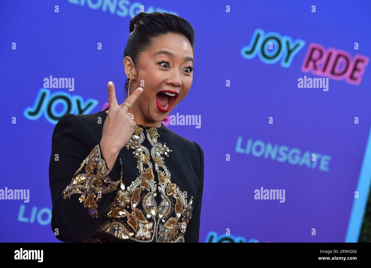 Stephanie Hsu arrives at the Los Angeles premiere of "Joy Ride," Monday ...