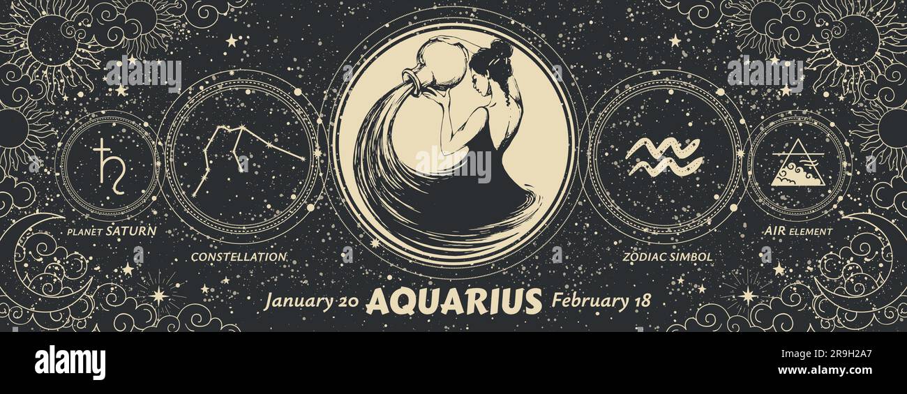 Aquarius zodiac sign, vintage black banner with female character ...