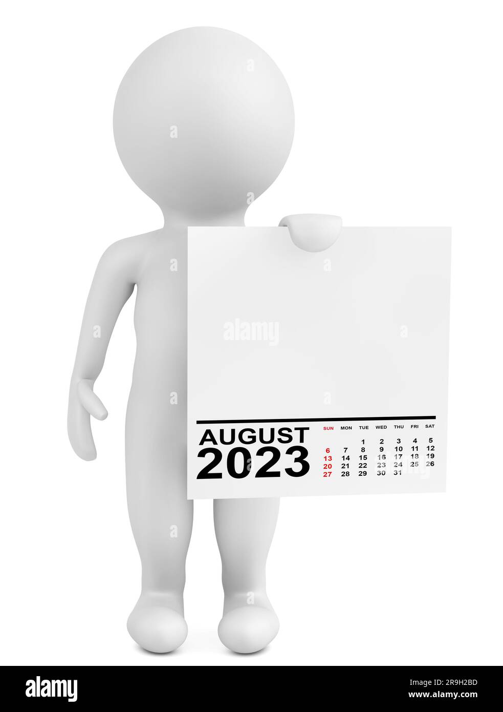 Character Holding Calendar August 2023 Year on a white background. 3d ...