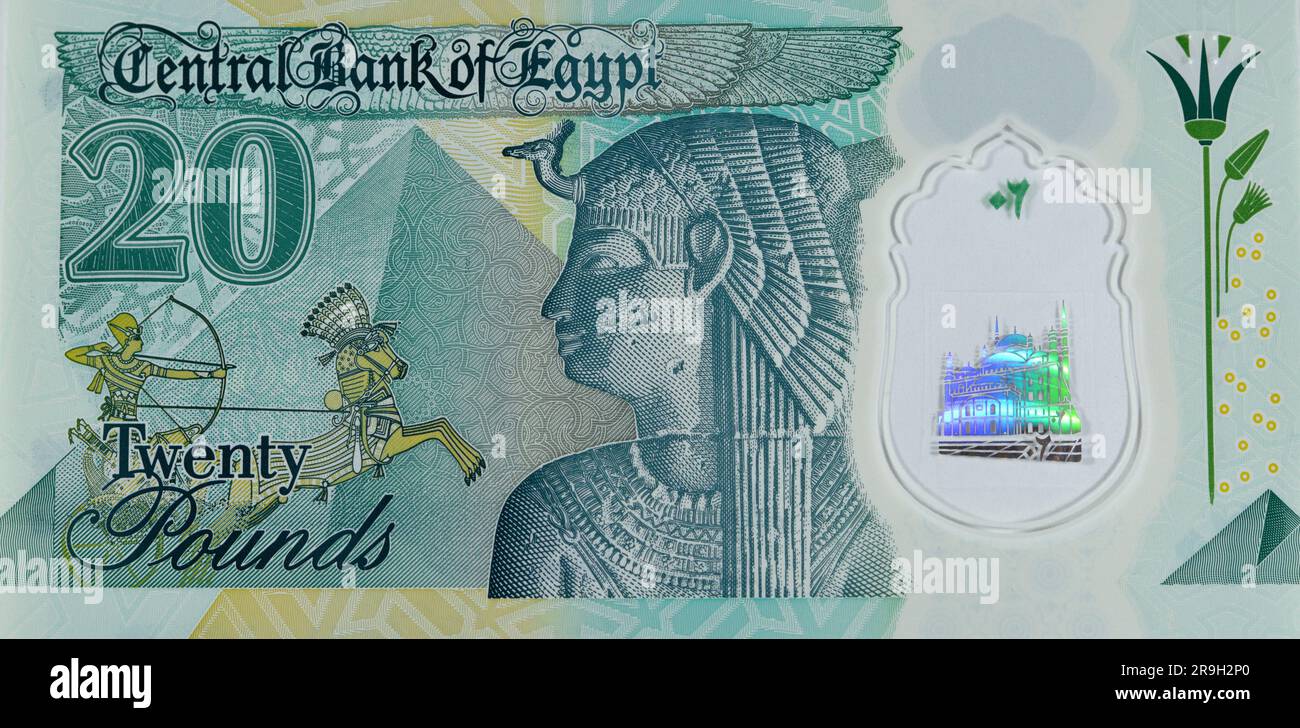 Large fragment of the reverse side of the new Egyptian 20 EGP LE twenty ...