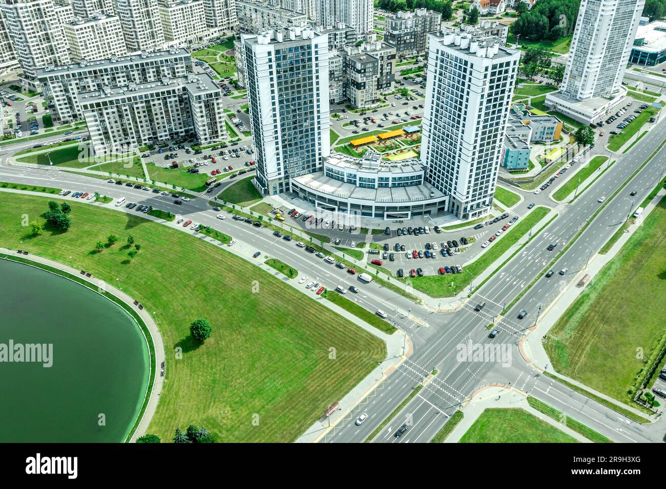 urban residential complex with high-rise buildings. aerial overhead ...