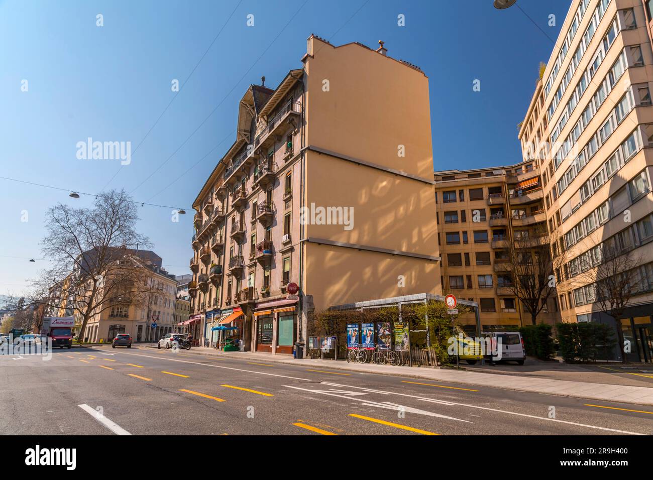 Geneva, Switzerland - MAR 25, 2022: Generic architecture and street ...