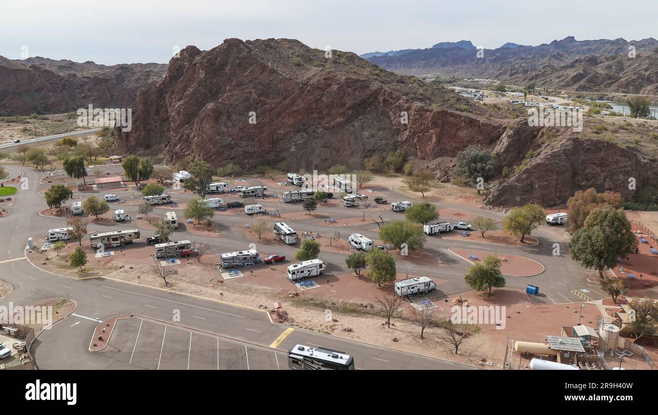 An aerial view of the campground at Arizona's River Island State Park ...