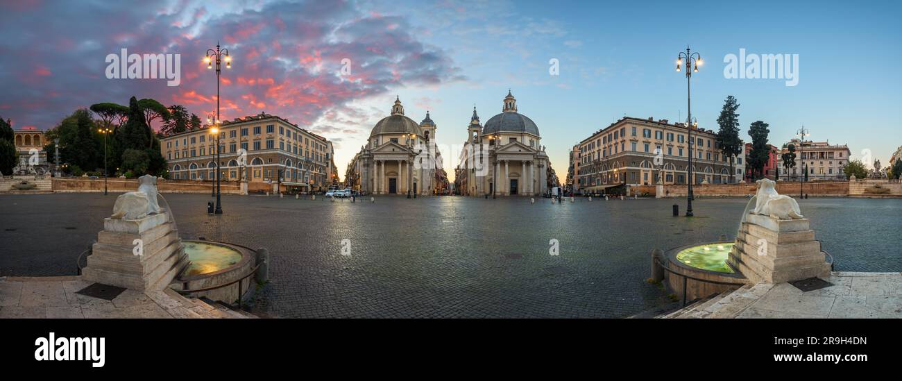 Twin Churches of Piazza del Popolo in Rome, Italy at twilight Stock ...
