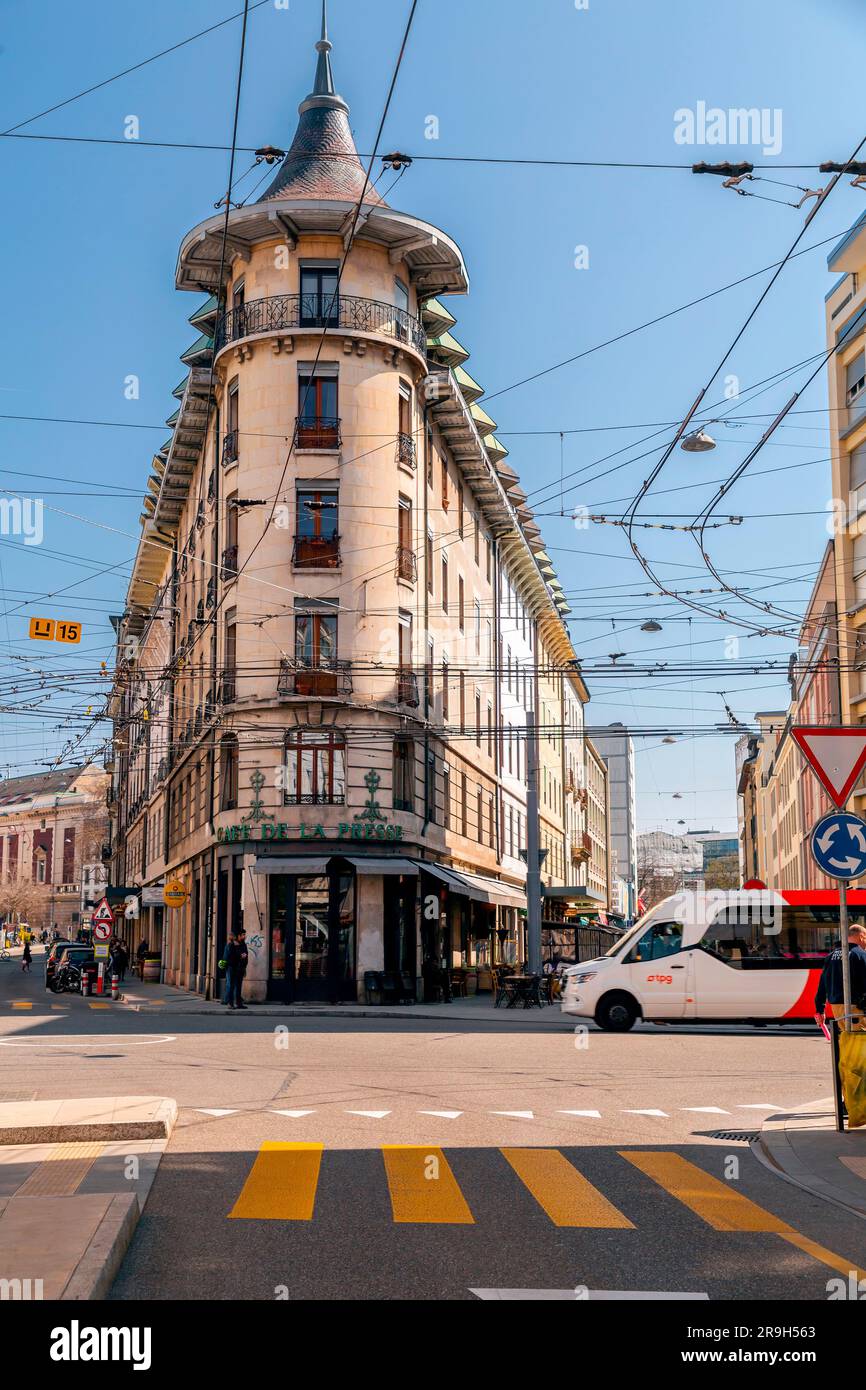 Geneva, Switzerland - MAR 25, 2022: Generic architecture and street ...