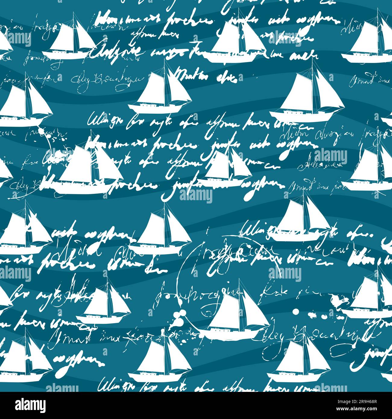 Yacht seamless pattern, unreadable text, handwritten notes, palm ...