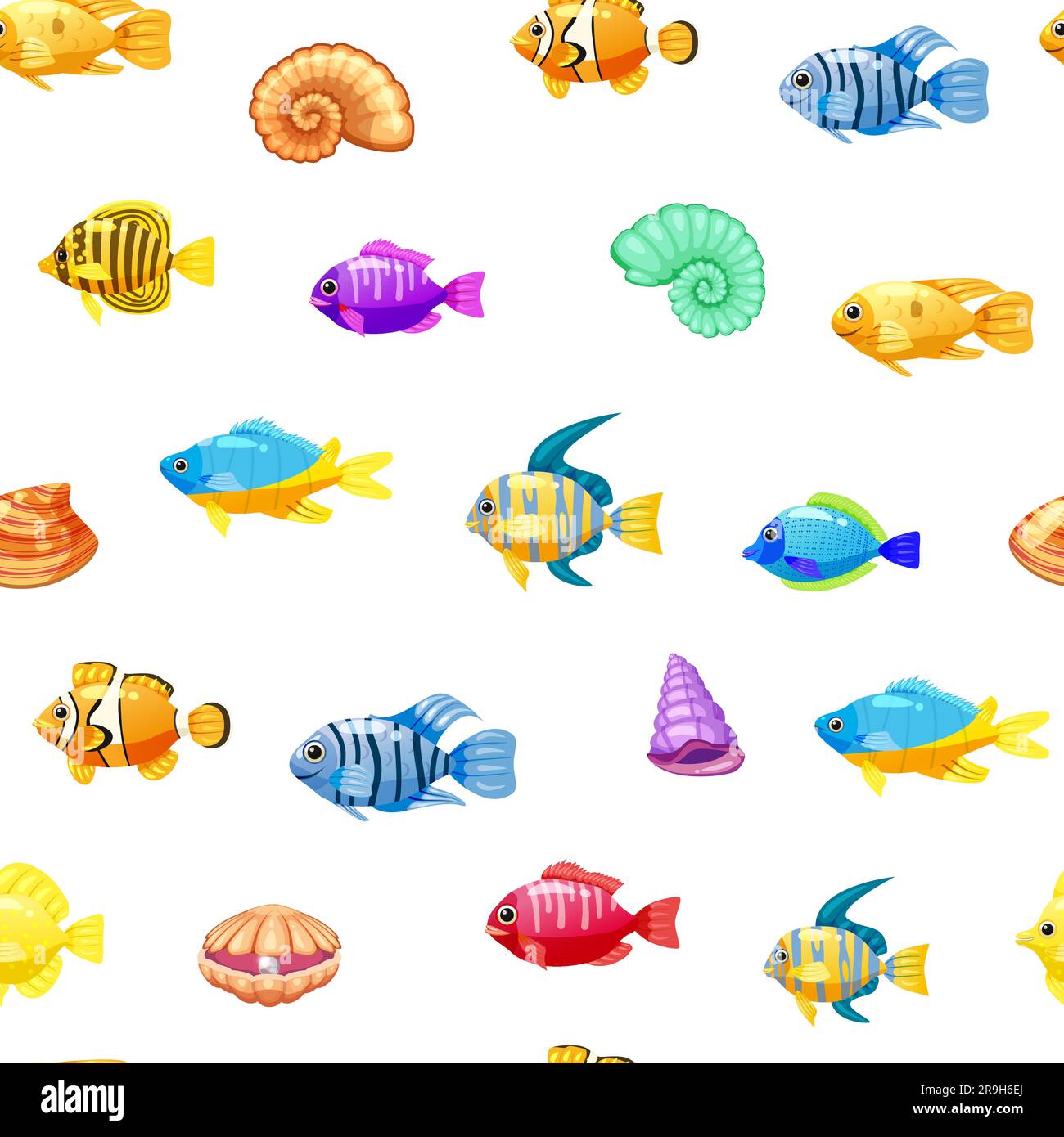 Tropical fishes, shells cartoon seamless pattern. Cute funny underwater ...