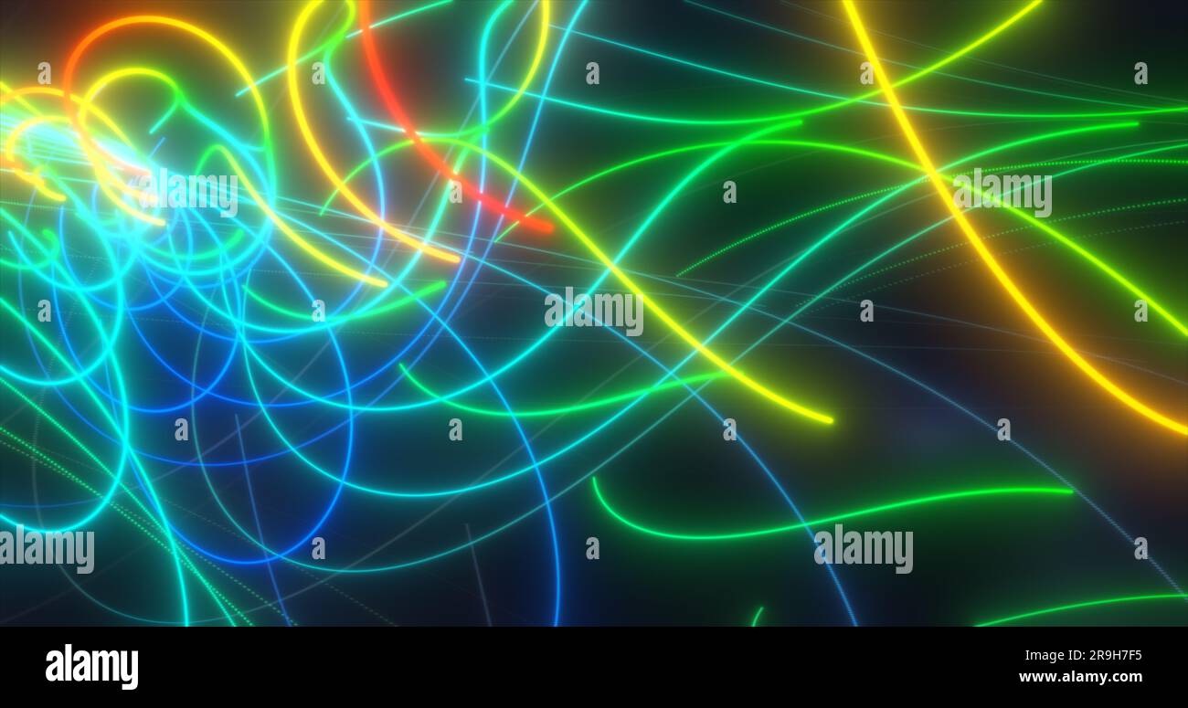 Abstract multi-colored rainbow neon energy laser lines flying on a ...