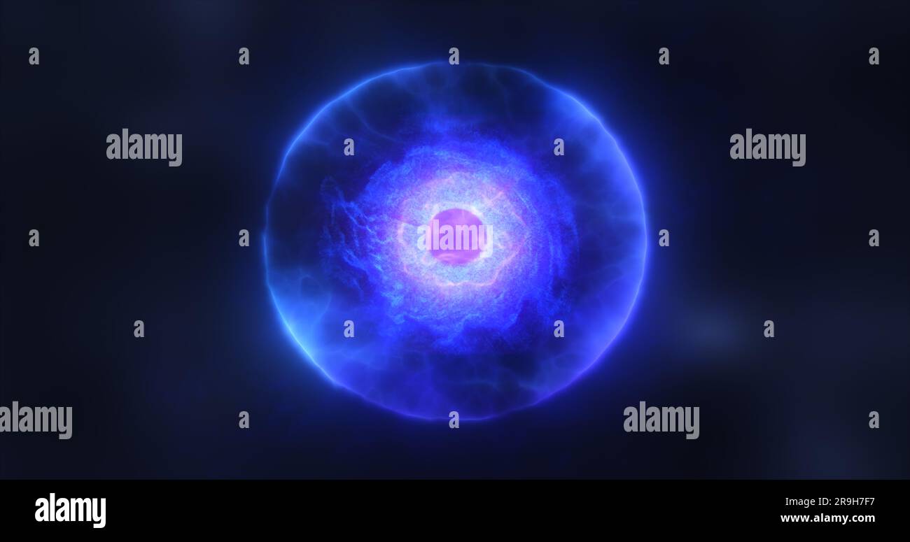 Abstract sphere atom with electrons flying glowing bright particles and ...