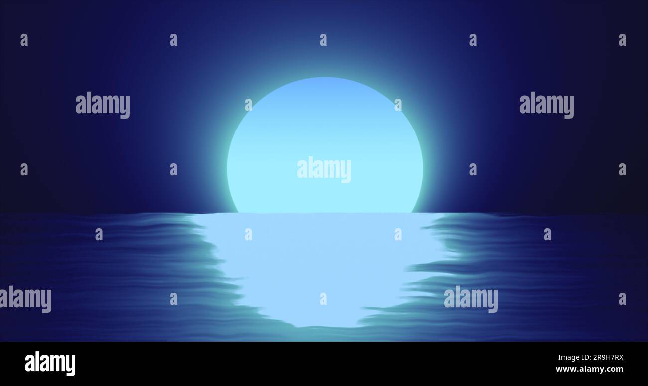 Abstract blue moon over water sea and horizon with reflections ...