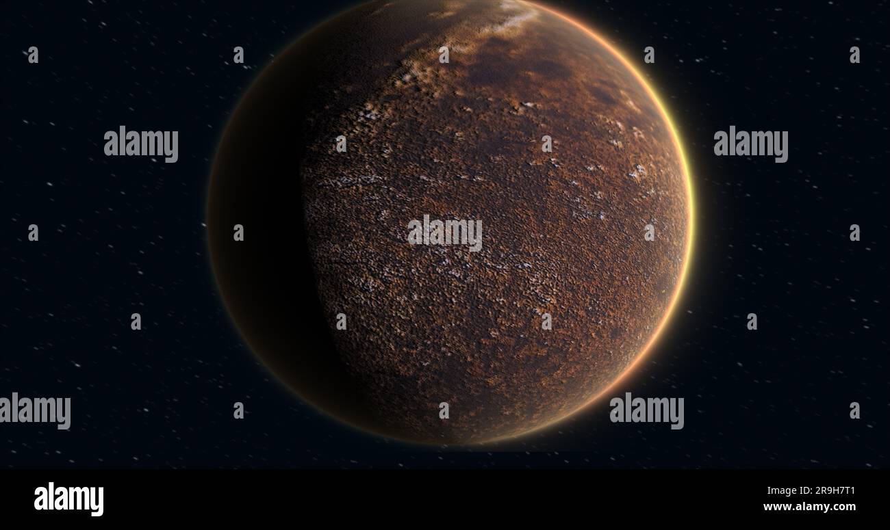 Abstract planet red rusty realistic futuristic round sphere against the background of stars in ...