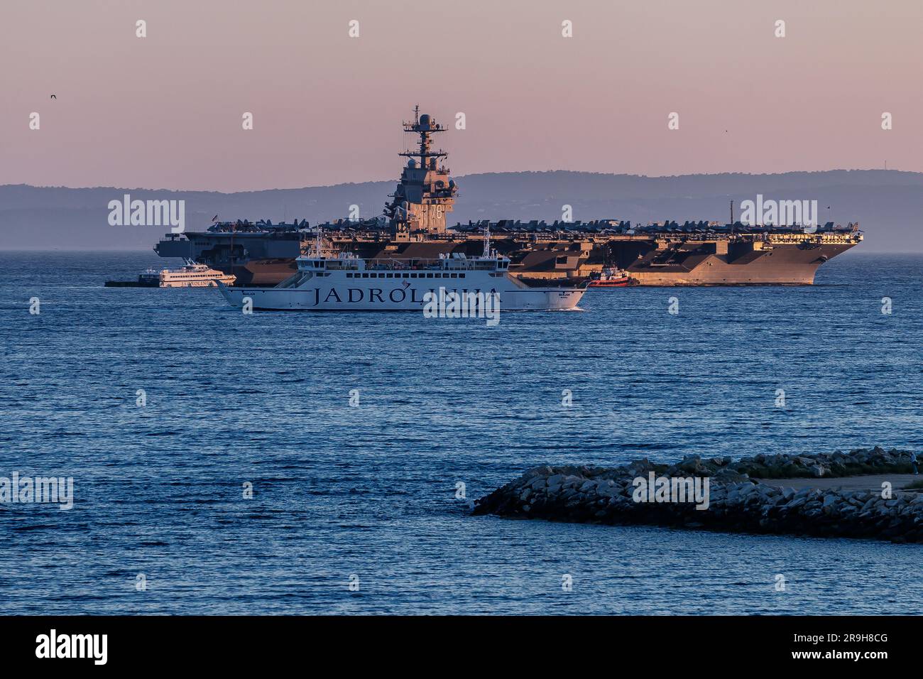 Split, Croatia. 26th June, 2023. Lights on the USS Gerald R. Ford (CVN ...