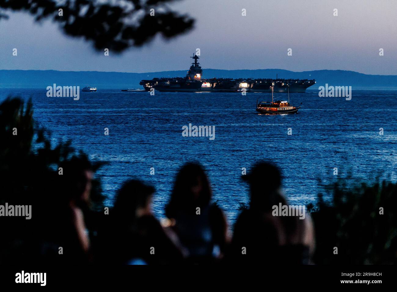 Split, Croatia. 26th June, 2023. Lights on the USS Gerald R. Ford (CVN ...