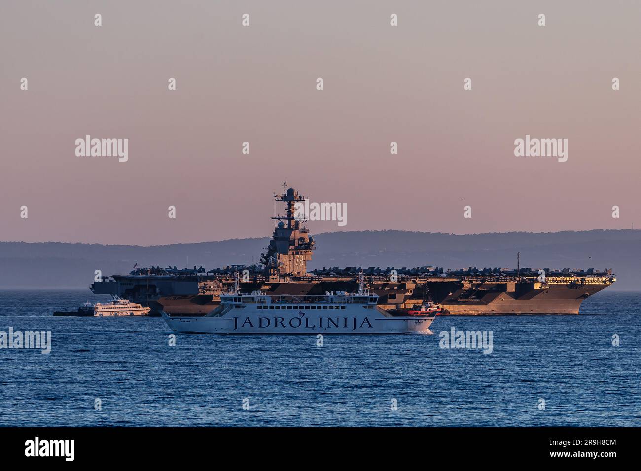 Split, Croatia. 26th June, 2023. Lights on the USS Gerald R. Ford (CVN ...