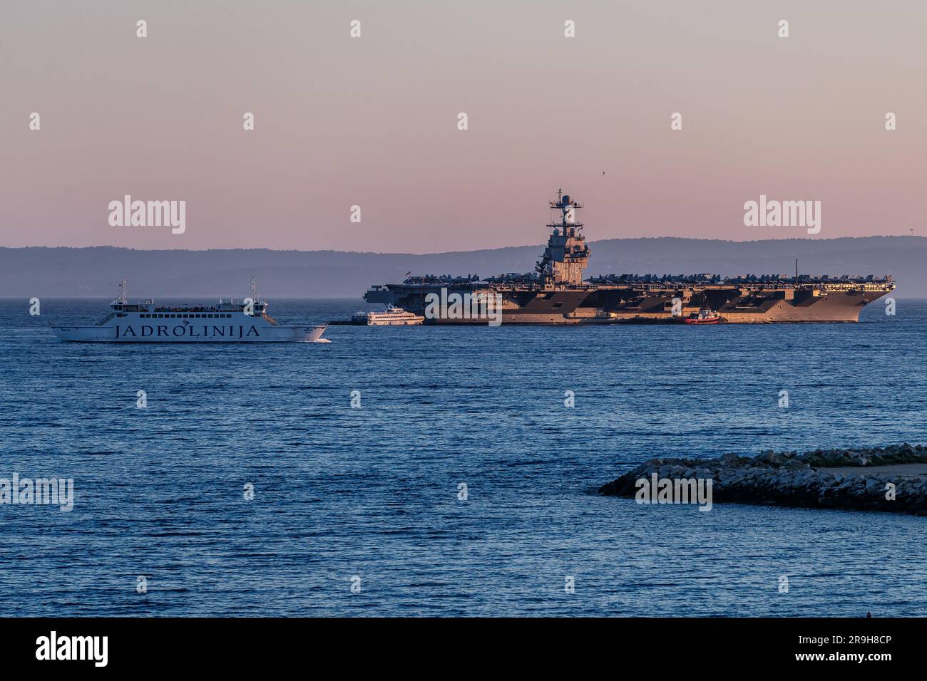Split, Croatia. 26th June, 2023. Lights on the USS Gerald R. Ford (CVN ...